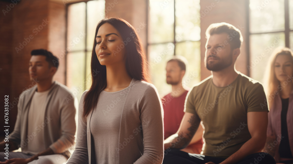 Group, diverse and meditation in a studio for mindfulness practise and ...