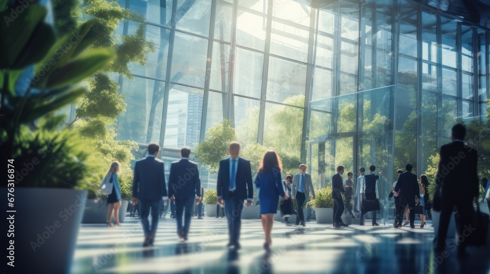 abstract Blue business people crowd walking at corporate office with ...