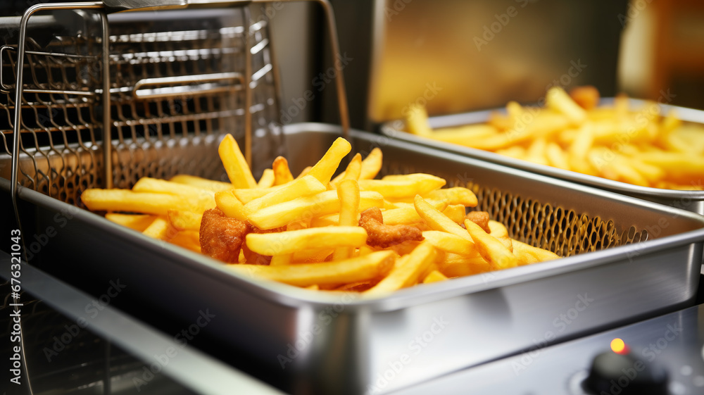 French fries cooking. Grid with strips hop potato in boiling oil ...