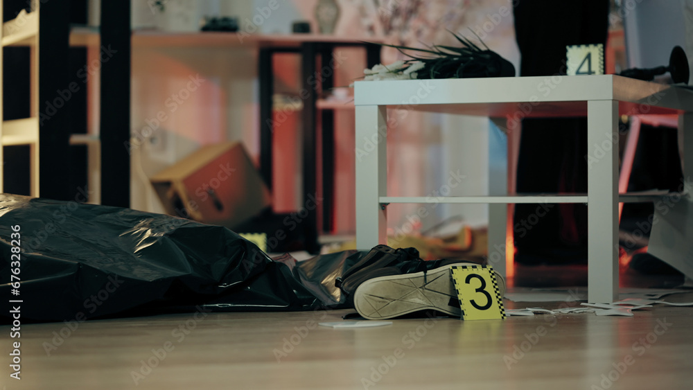 A dead body in a plastic bag is lying on the floor of a trashed flat at ...