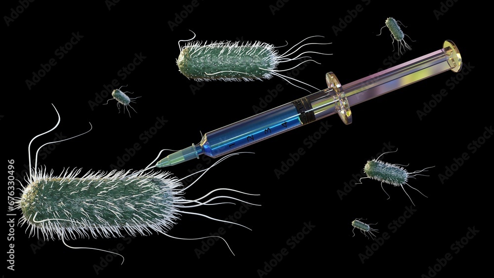 Medical syringe injecting E. coli for genetic engineering research 3d ...