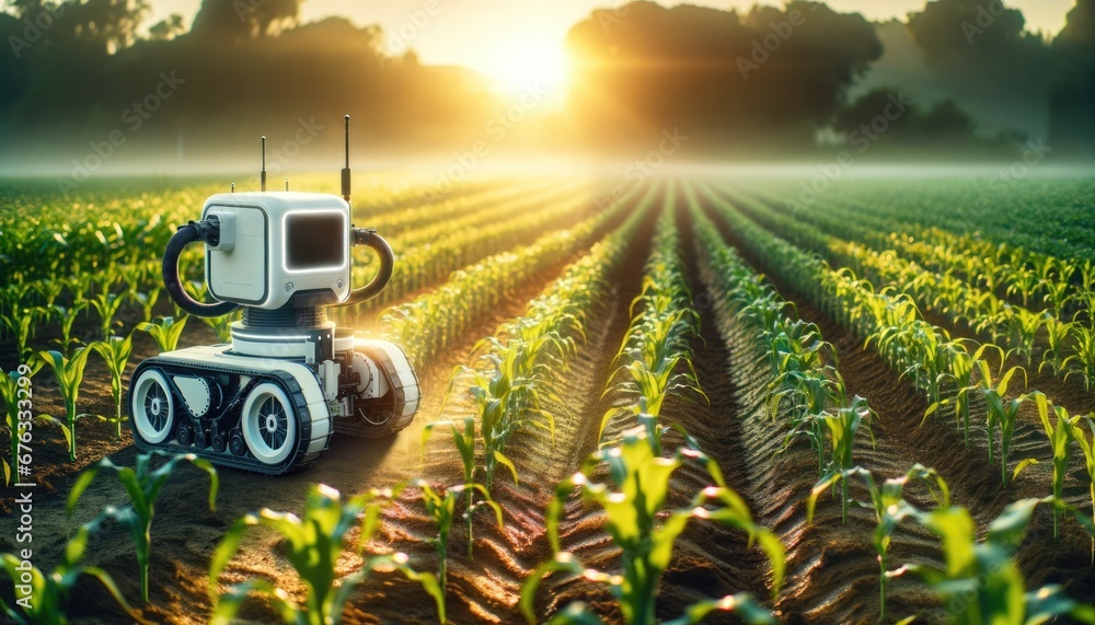 Autonomous robot equipped with advanced sensors surveys the crop rows, illustrating the ...