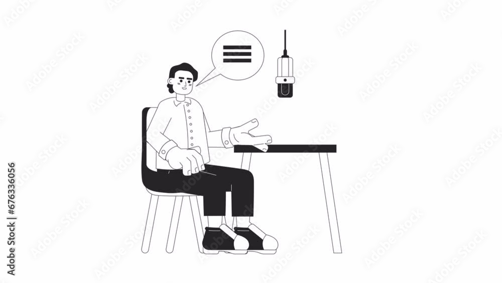 South asian man answering into microphone bw 2D character animation ...