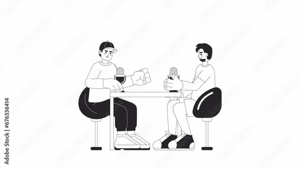 Best friends men podcasters bw 2D characters animation. Young adult ...