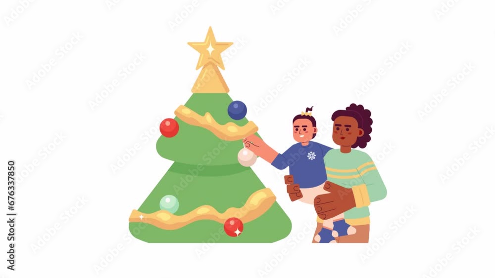Vidéo Stock Mother holding adopted daughter near xmas tree 2D ...