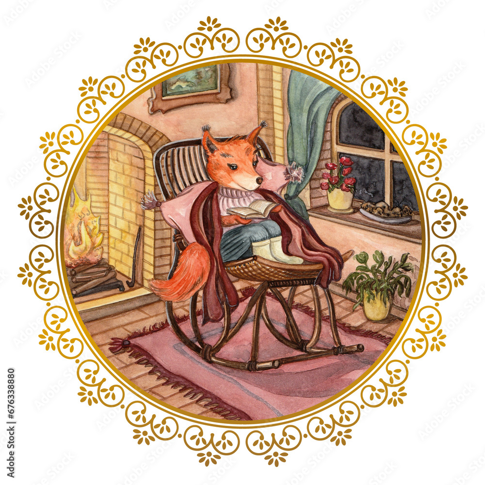 Small fox ist reading a book sitting on rocking chair isolated without ...