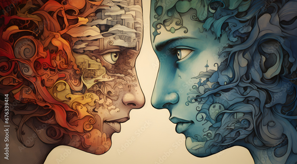 Artistic depiction of bipolar disorder, illustrating the duality of ...