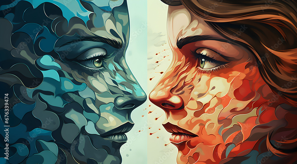 Artistic depiction of bipolar disorder, illustrating the duality of ...