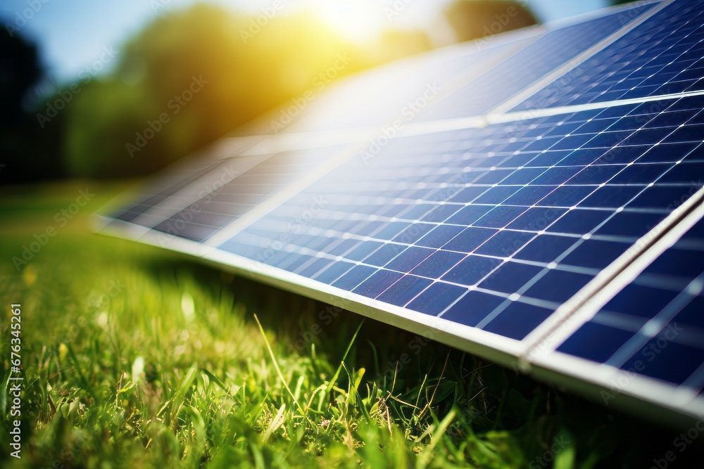 Solar panels on a vast solar farm, generating clean green energy on a ...
