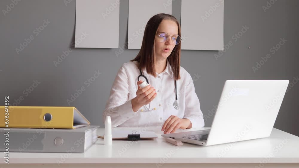 Online medical consultation. Caucasian adult woman doctor with ...