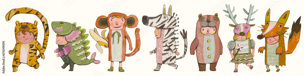Kids playing as animals. wildlife charector illustration. chidren art ...