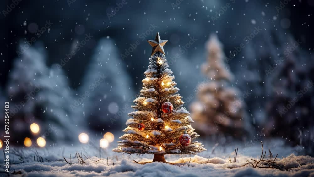 Christmas tree in the winter forest. Beautiful winter landscape with ...