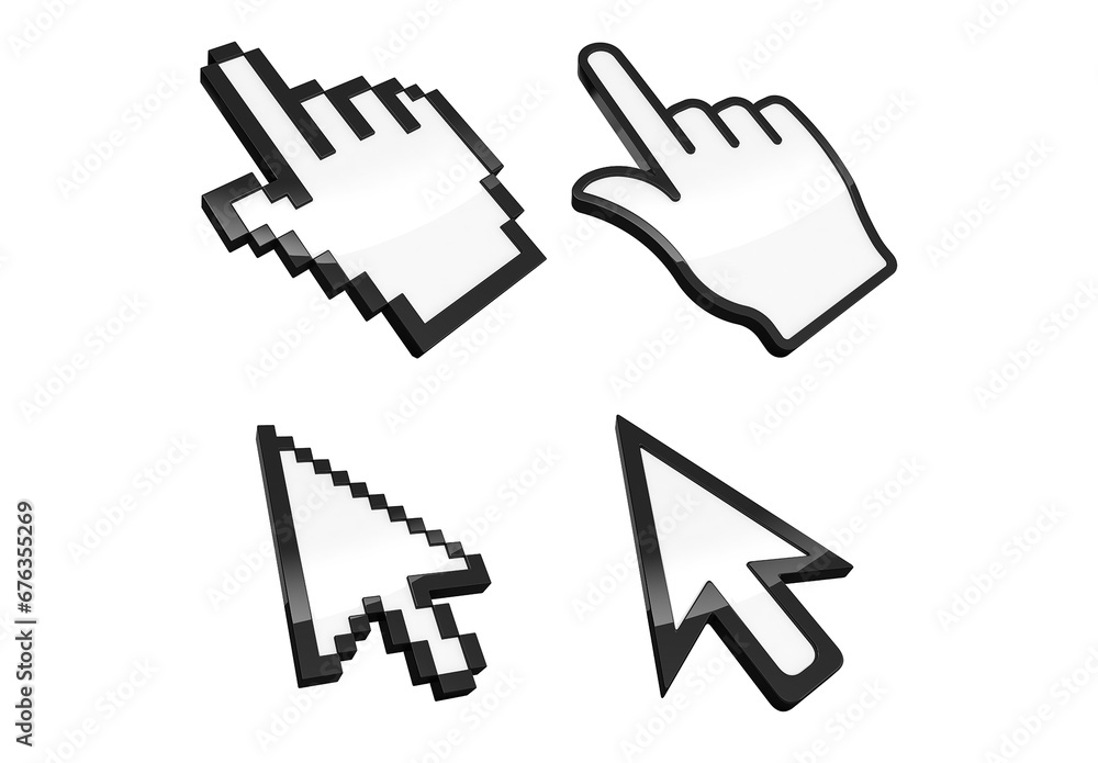 3D illustration of four types of mouse pointers isolated on transparent ...