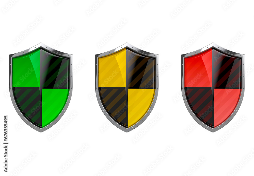 3D render of green orange and red protection shields isolated on ...