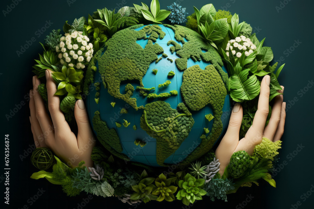 Earth transformed into a botanical artwork with leaves and plants ...