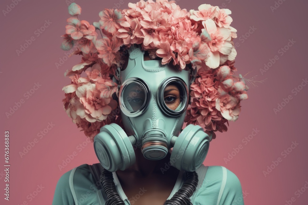 Surrealistic portrait of African American girl wearing gas mask on with ...