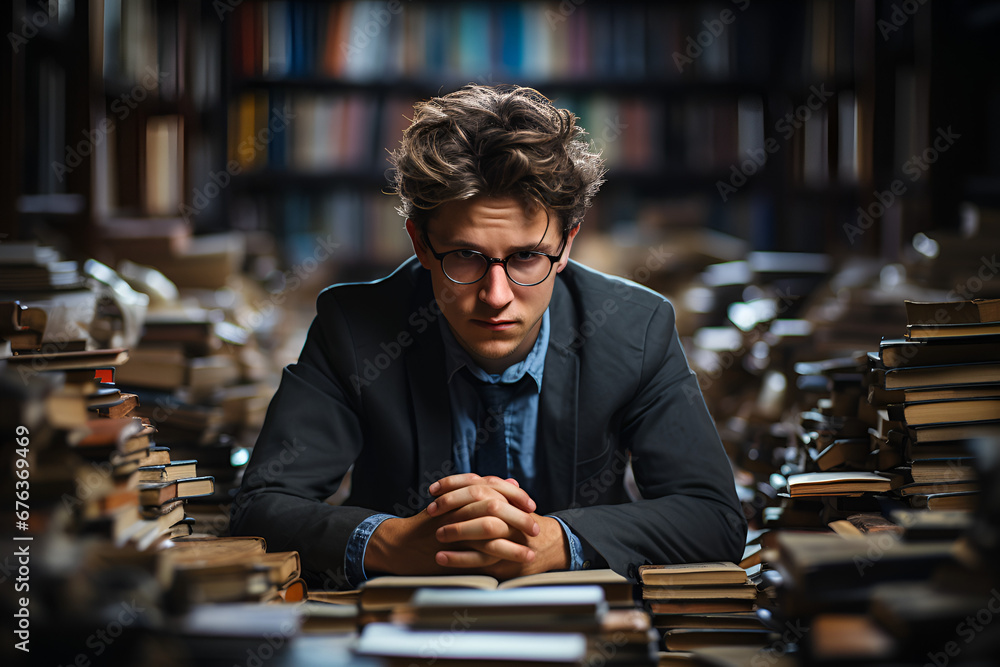 Sad student on the background of bookshelves. Exam stress. academic ...