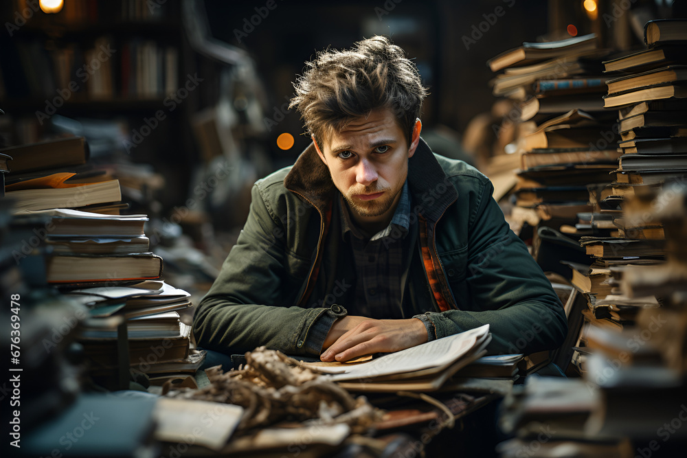 Sad student on the background of bookshelves. Exam stress. academic ...