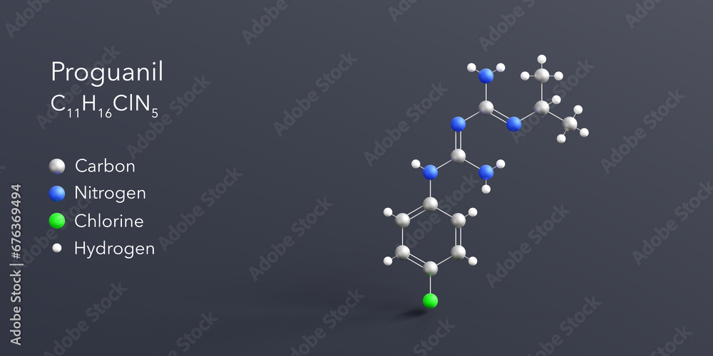proguanil molecule 3d rendering, flat molecular structure with chemical ...