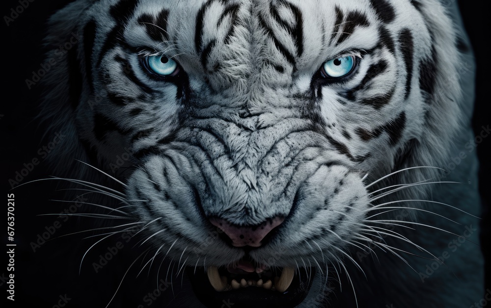 Fierce looking white tiger with fangs looks scary on a black background ...