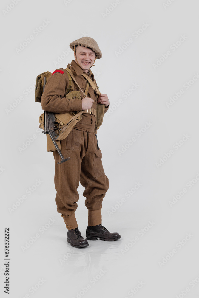 The man is an actor in vintage military uniform of the American soldier ...