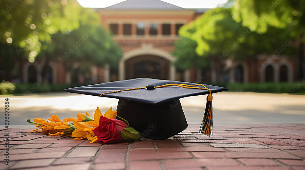 College graduation symbols: a cap and gown on campus grounds. Stock ...