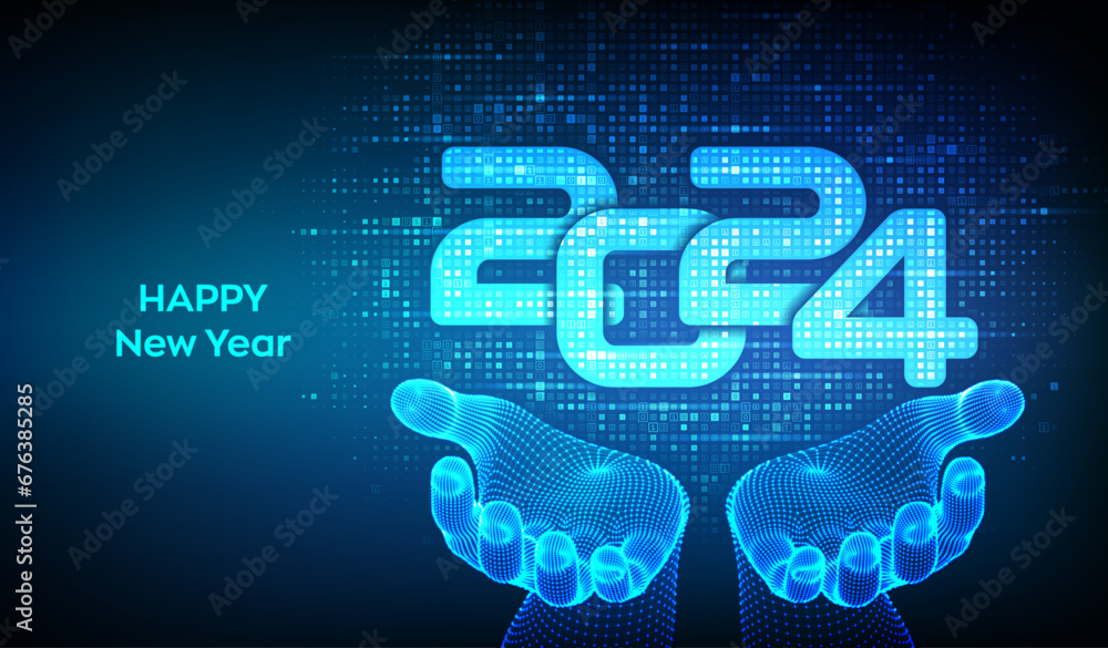 Vecteur Stock Happy New 2024 Year. Numbers 2024 made with binary code in wireframe hands ...