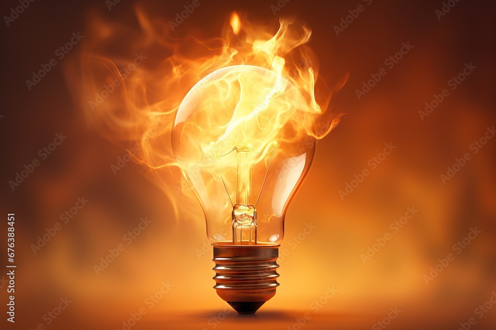 Electric bulb in fire flames on black background. Bright flamy symbol ...
