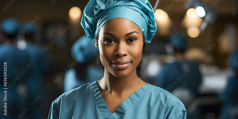 An African American surgeon displays her happiness with a wide smile in ...