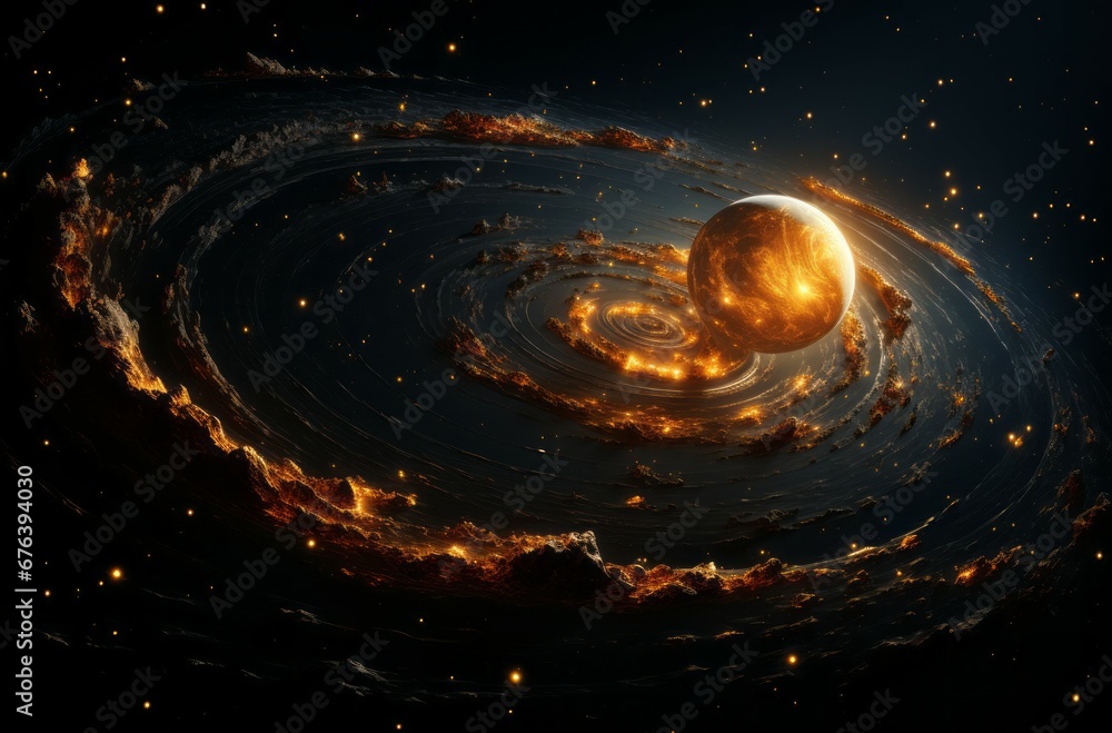 Solar system with planets, stars and galaxies in a free space. Planets ...