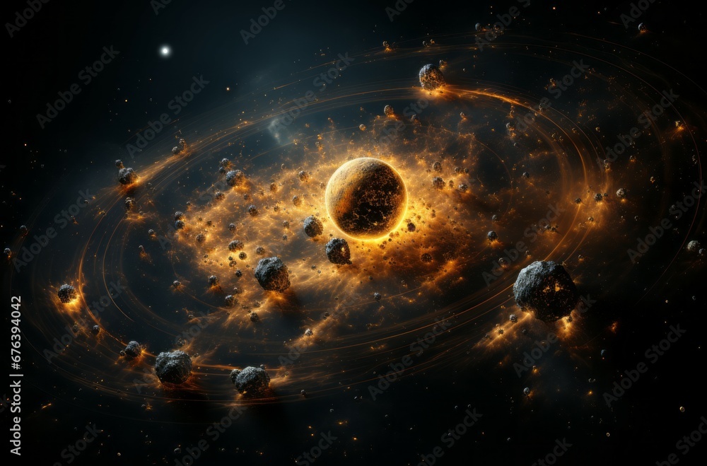 Solar system with planets, stars and galaxies in a free space. Planets ...