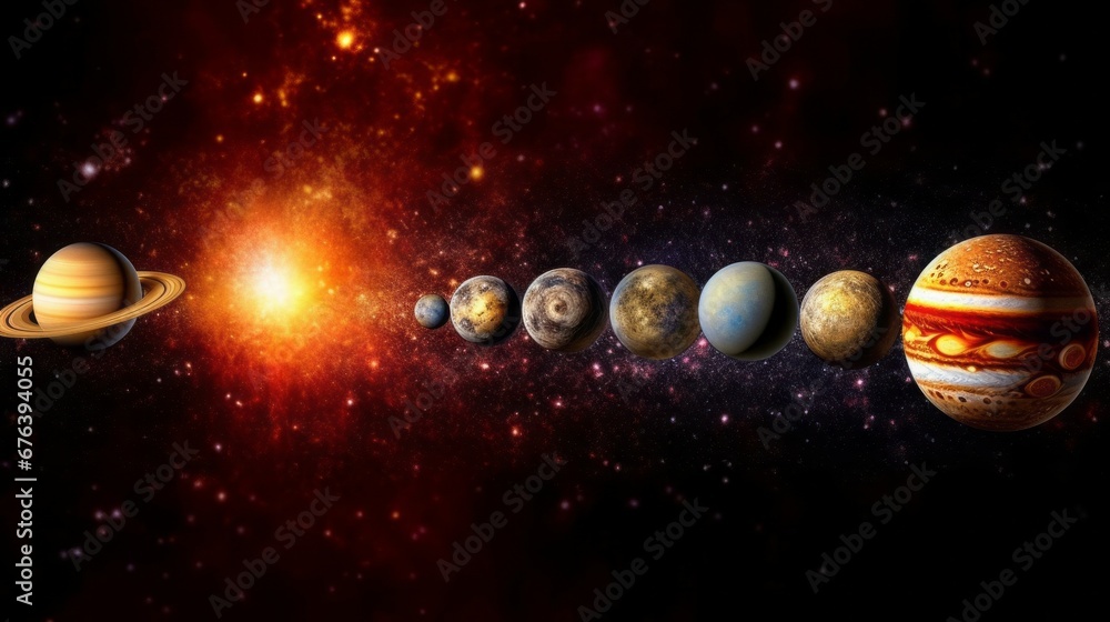 Solar system with planets, stars and galaxies in a free space. Planets ...