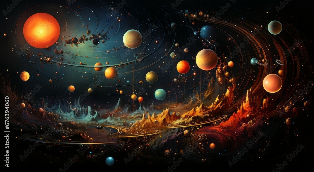 Solar system with planets, stars and galaxies in a free space. Planets ...