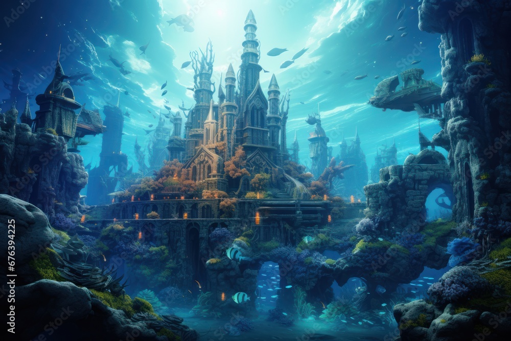 Underwater city on an ocean planet with exotic marine life. Stock ...