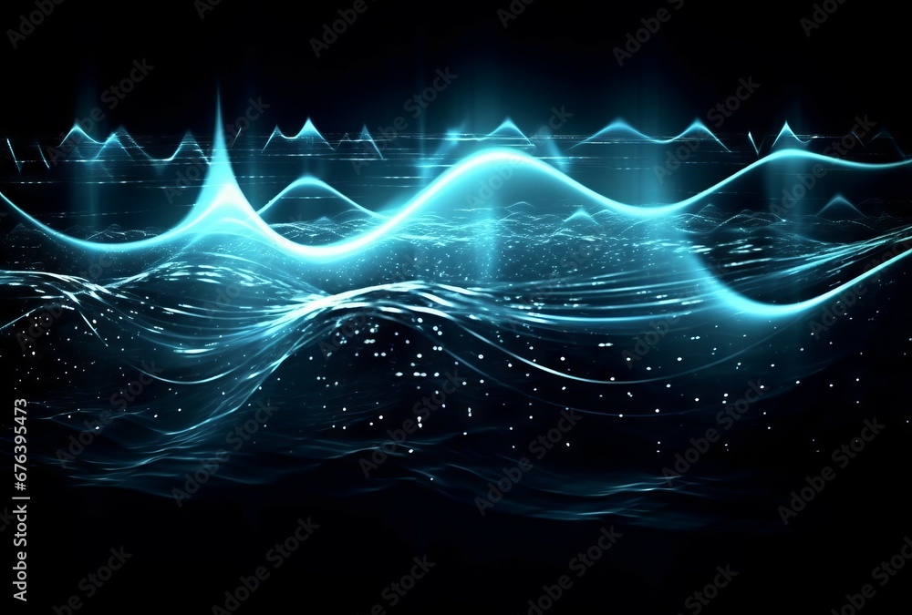 Abstract art of waves in cold blue colors in a dark space. Abstract ...