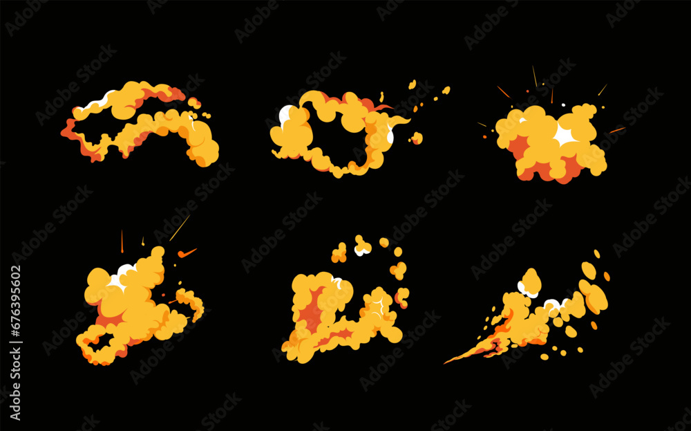 Smoke explosion animation of an explosion with comic flying clouds. Set ...