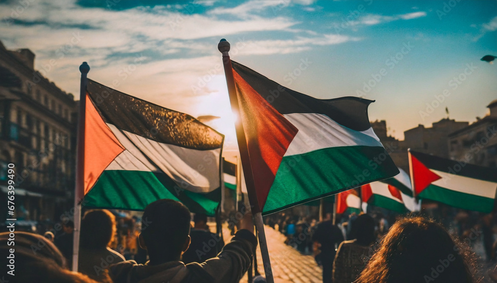 A crowd of Palestinians holding Palestine flags celebrate Freedom Ai ...