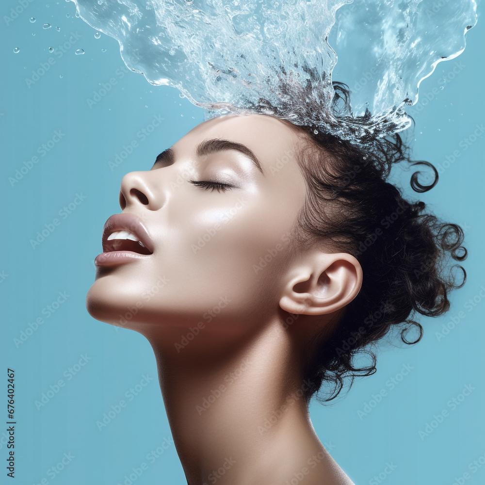 Beautiful young woman with water splash on her face over blue ...