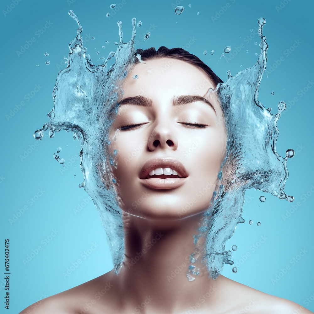 Beautiful young woman with water splash on her face. Blue background ...