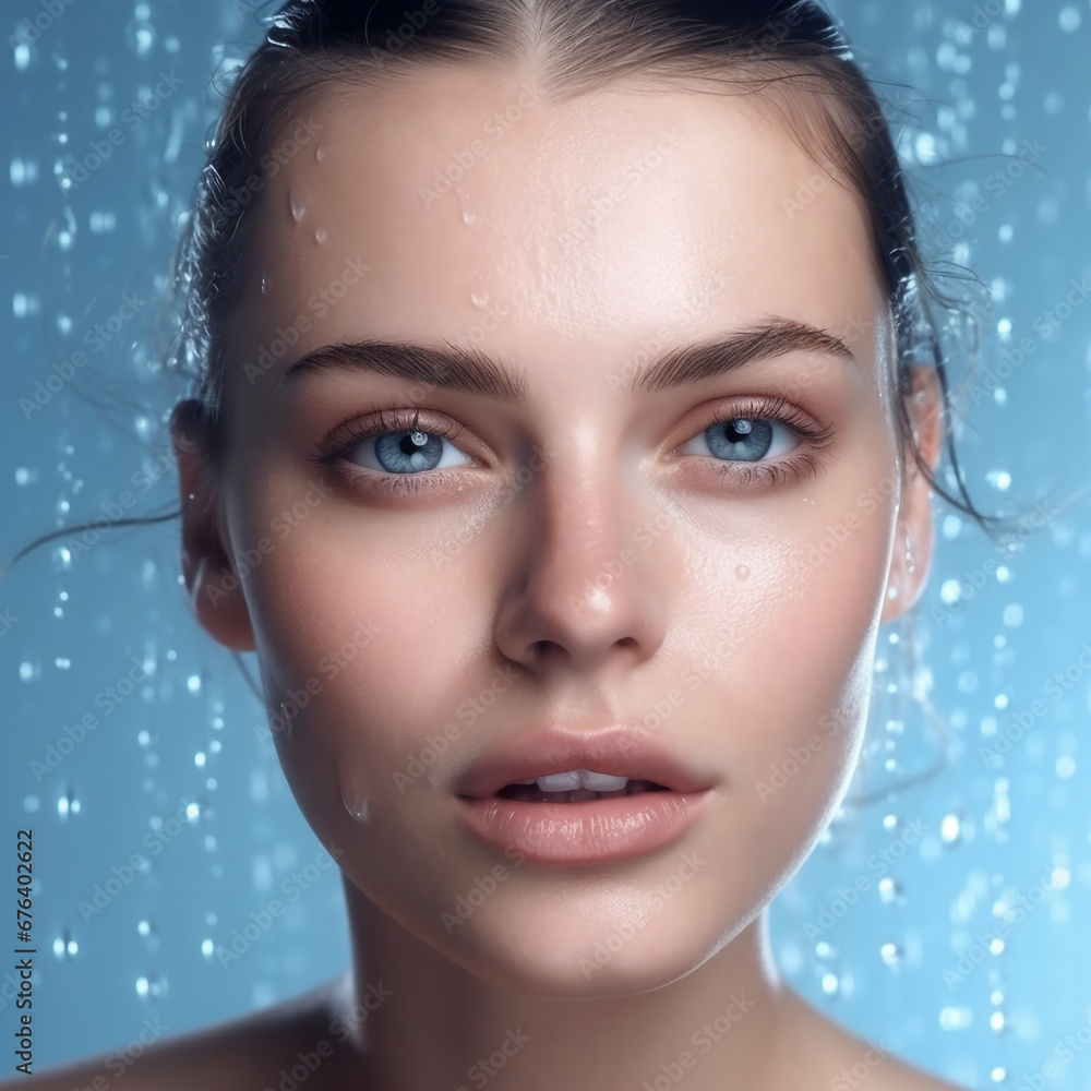 Portrait of young beautiful woman with water drops on her face. Blue ...