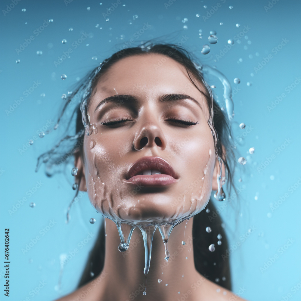 Beautiful young woman with water splash on her face. Blue background ...
