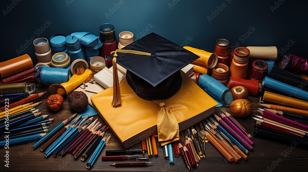 Graduation day.A mortarboard and graduation scroll on stack of books ...