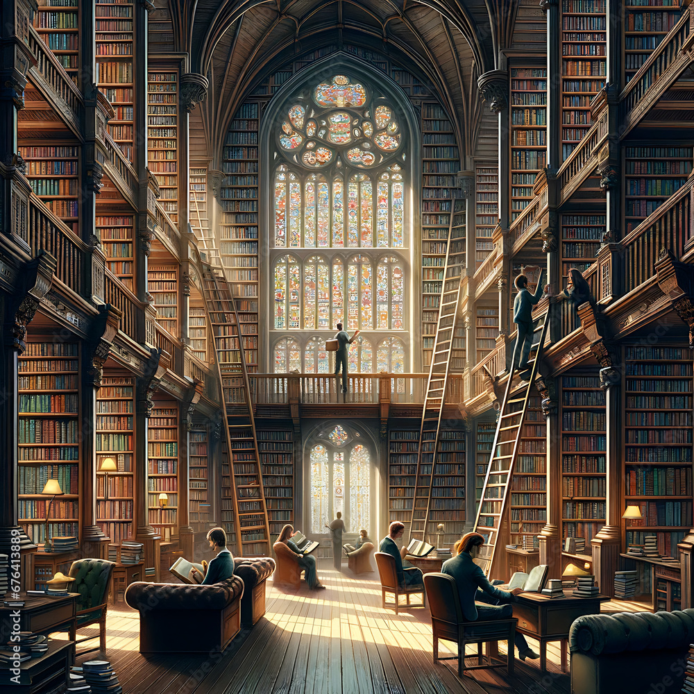 An illustration of an old library filled with towering bookshelves ...
