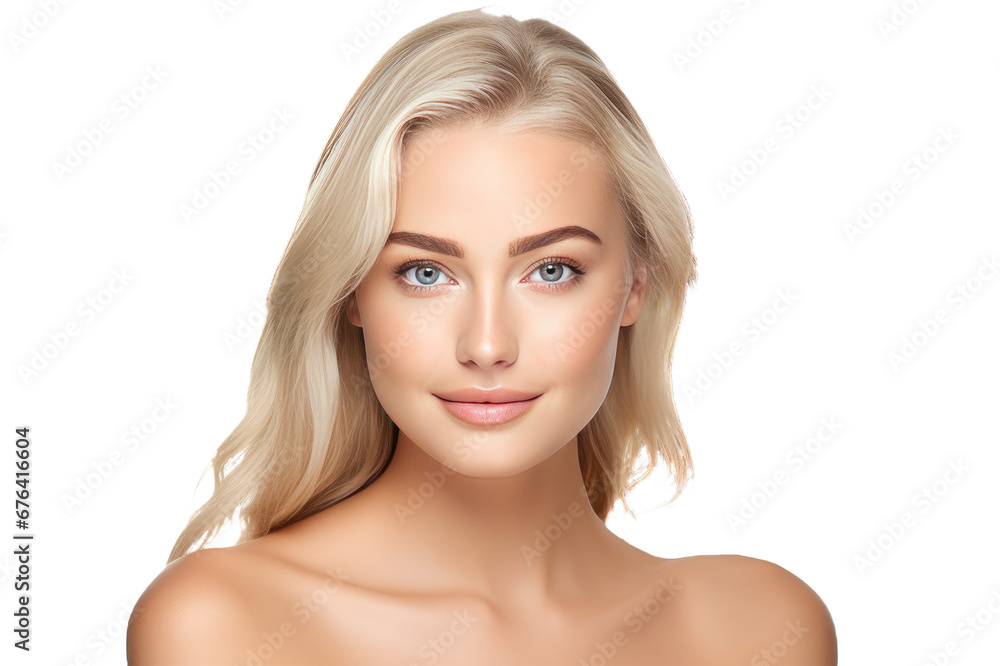 Beautiful Young Blond Woman with Perfect Skin on transparent background. Skin and face care ...