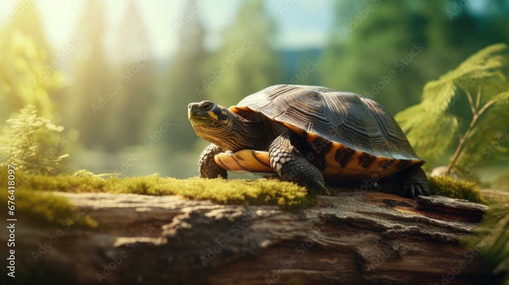 a close up of a turtle on a log in the grass with trees in the back ...
