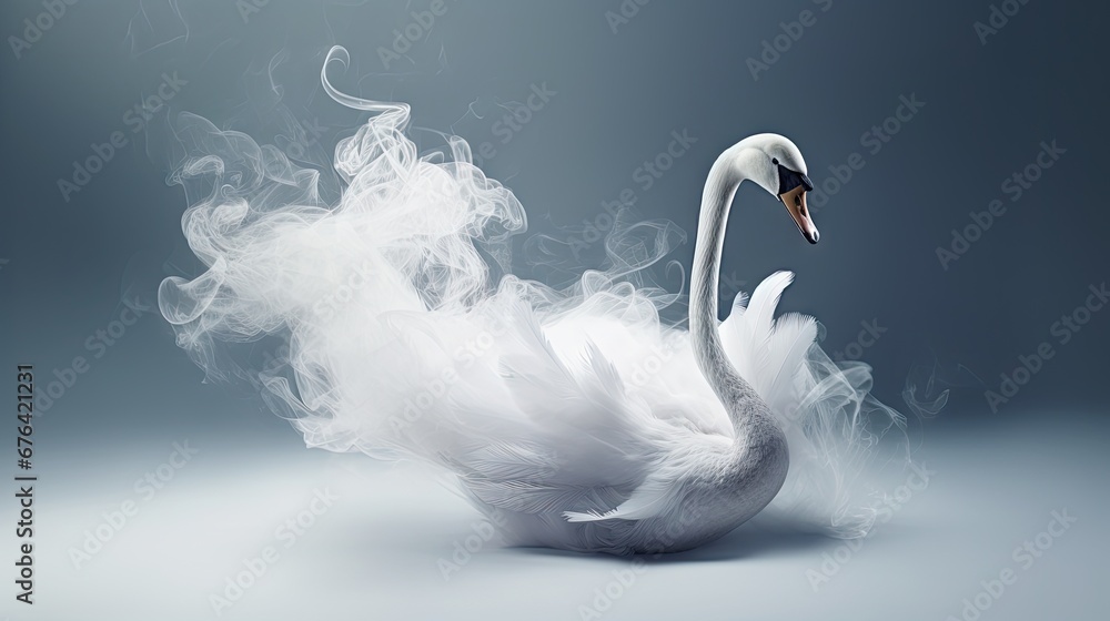a white swan with smoke coming out of it's beak on a blue and gray ...