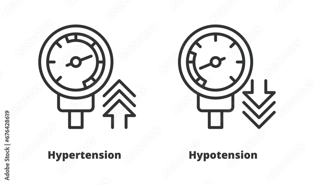 Blood Pressure Readings icons in line design. Hypertension, Crisis ...