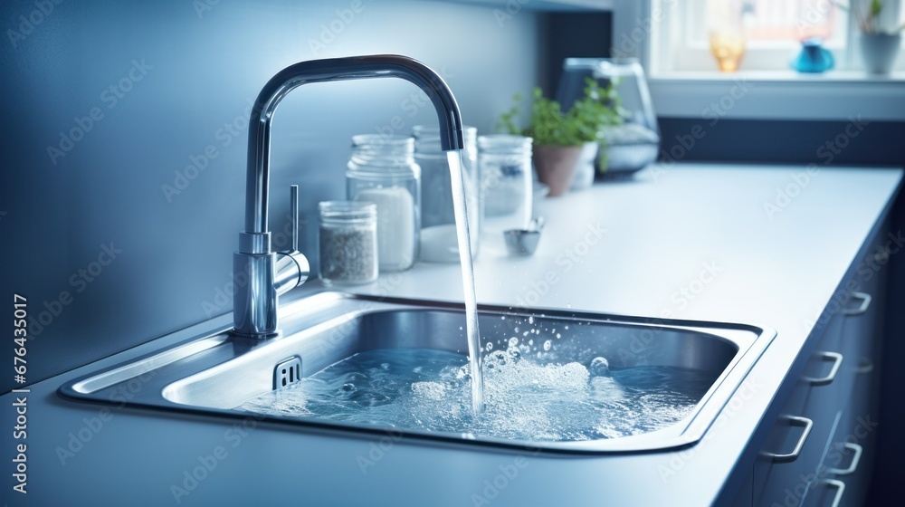 view from above water is pouring from the tap in the kitchen in the ...