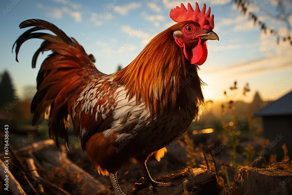 Majestic sunrise scene as a proud rooster announces the dawn in a ...