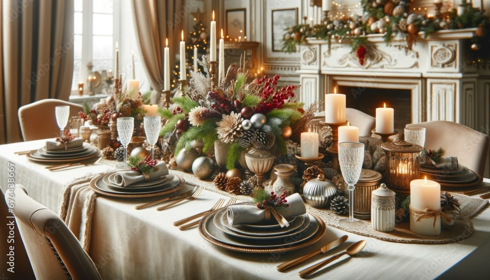 Elegant Christmas lunch table setting, featuring festive decorations ...